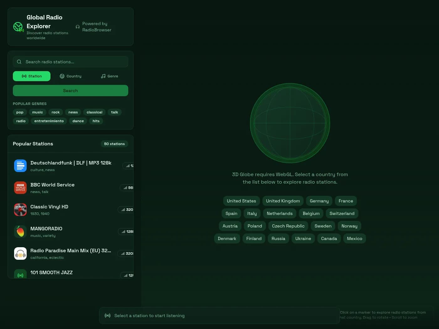 Global Radio Explorer: 3D Interactive World Radio Web App