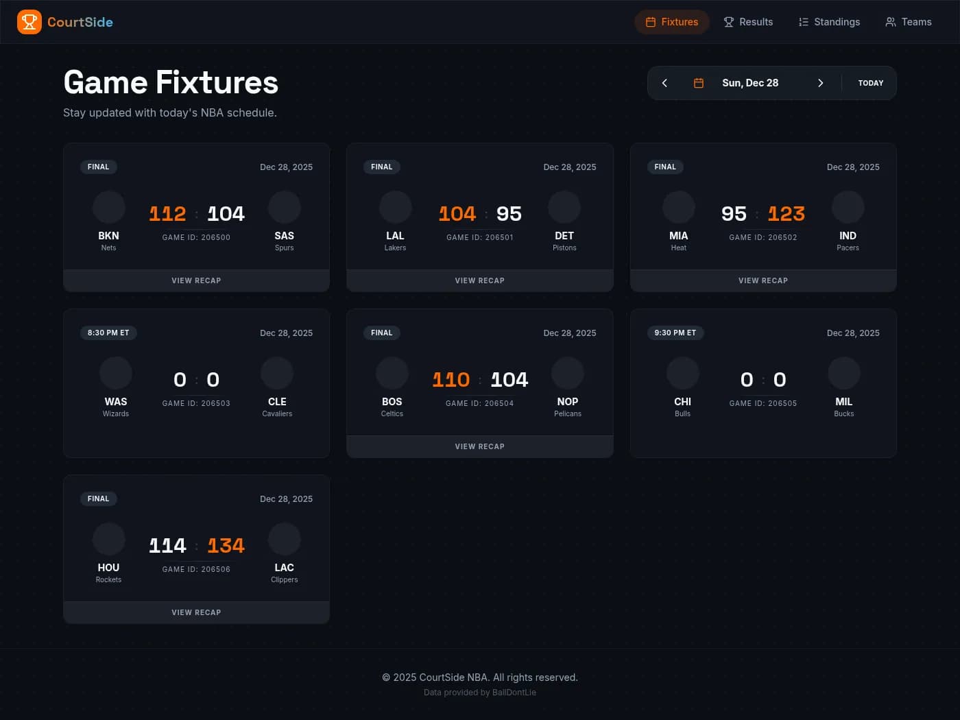 NBA Fixtures & Results
